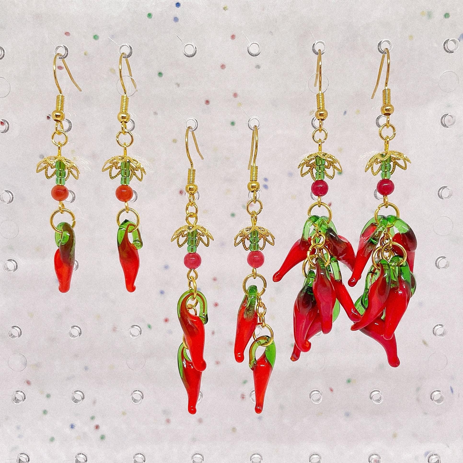 Glass Chili Pepper Earrings ~ 3 Styles | Red Quartz Beads, Gold-toned ...
