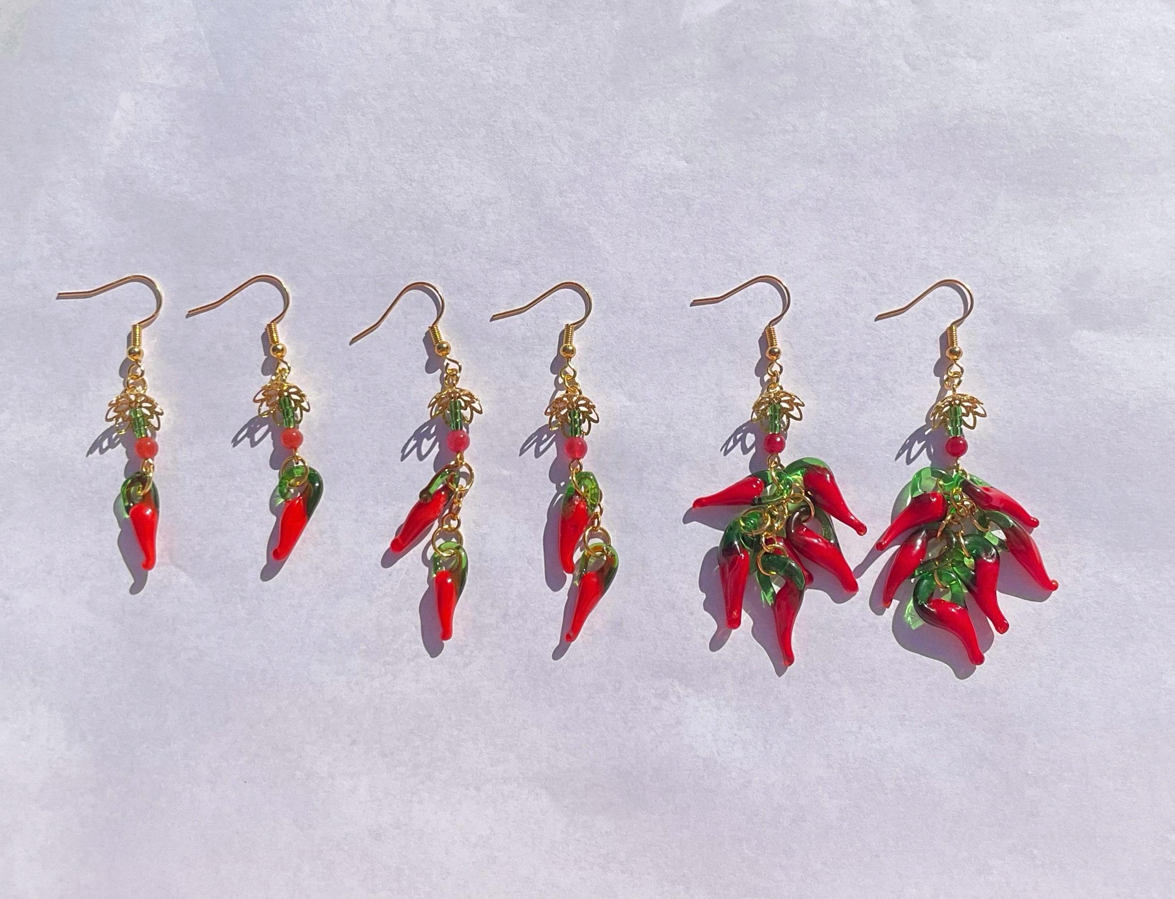 Glass Chili Pepper Earrings ~ 3 Styles | Red Quartz Beads, Gold-toned ...
