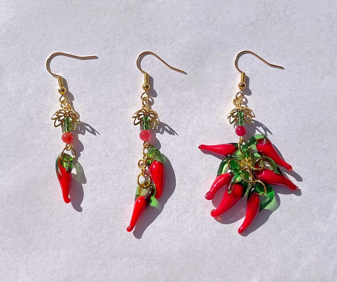 Glass Chili Pepper Earrings ~ 3 Styles | Red Quartz Beads, Gold-toned ...