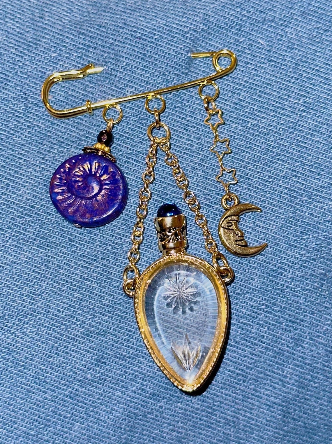 Celestial Moon Fossil Safty Pin Charm Blue & Gold Theme, Moon, Zodiac ...
