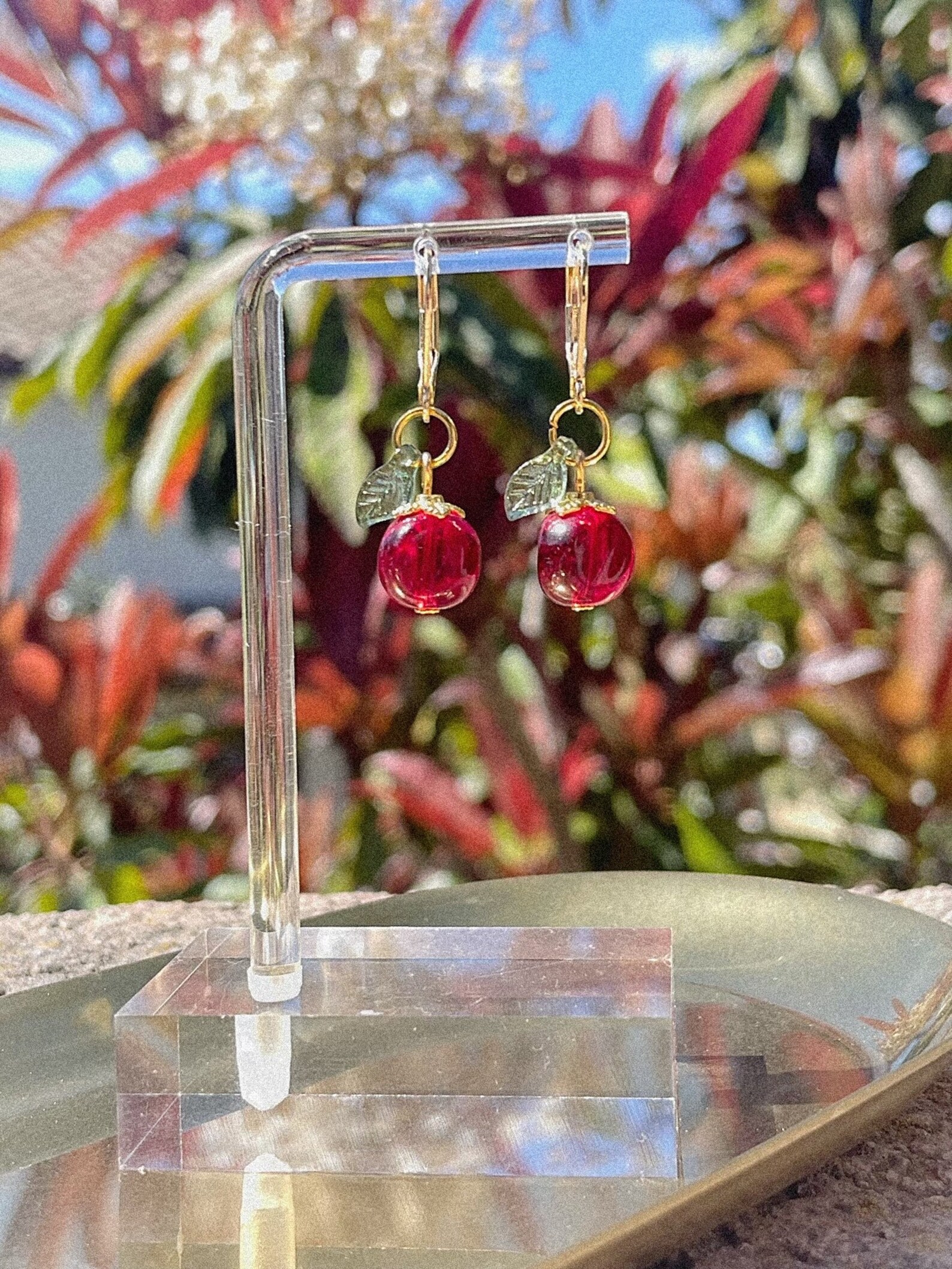 Persimmon Earrings | Gold Leverback Hoop Earrings; Red, Orange, Pink ...