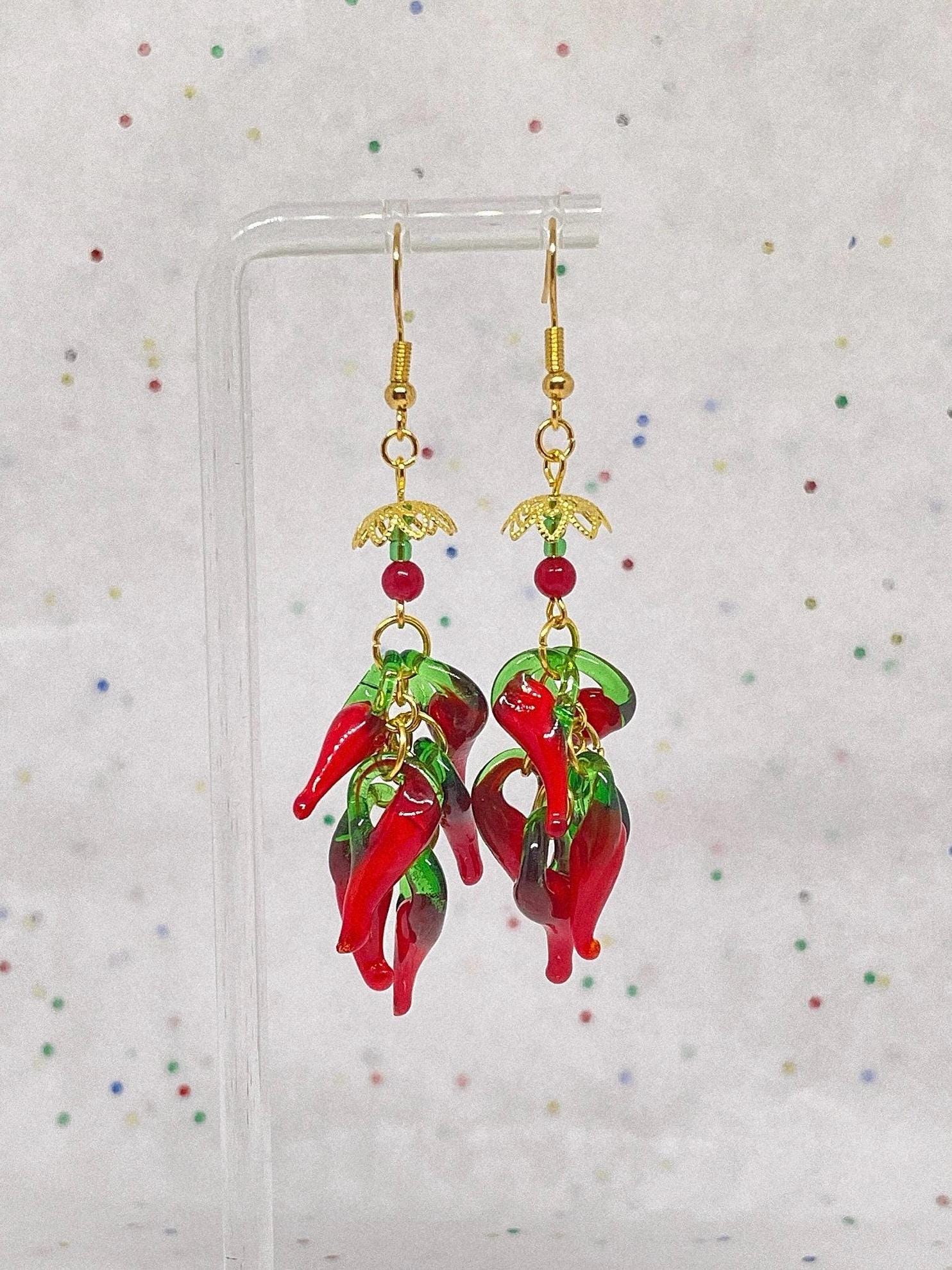 Glass Chili Pepper Earrings ~ 3 Styles | Red Quartz Beads, Gold-toned ...