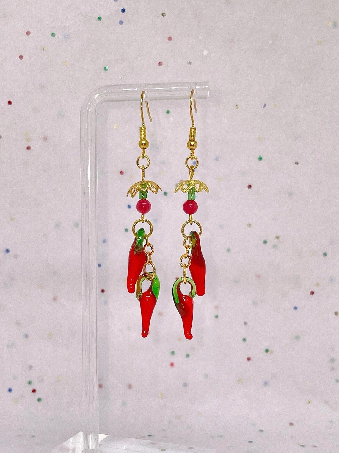 Glass Chili Pepper Earrings ~ 3 Styles | Red Quartz Beads, Gold-toned ...
