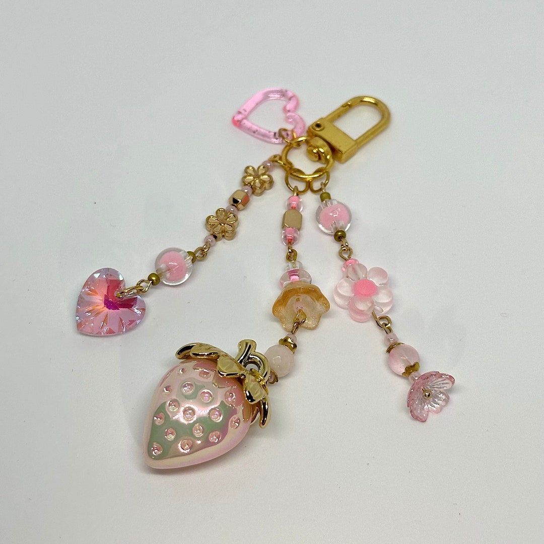 Pink Strawberry Keychain Adorable Gold & Pink Theme, Decorative Floral ...