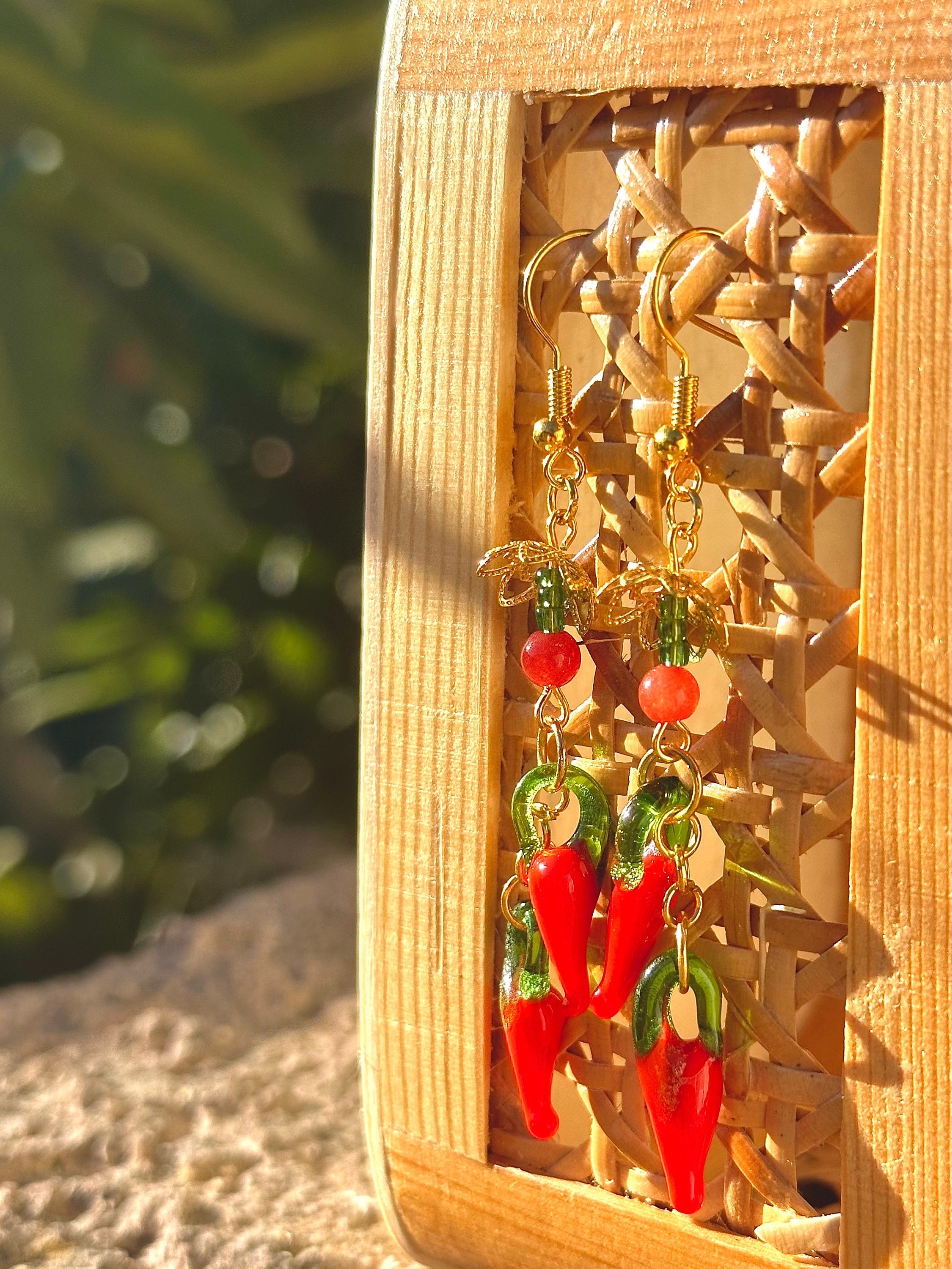 Glass Chili Pepper Earrings ~ 3 Styles | Red Quartz Beads, Gold-toned ...
