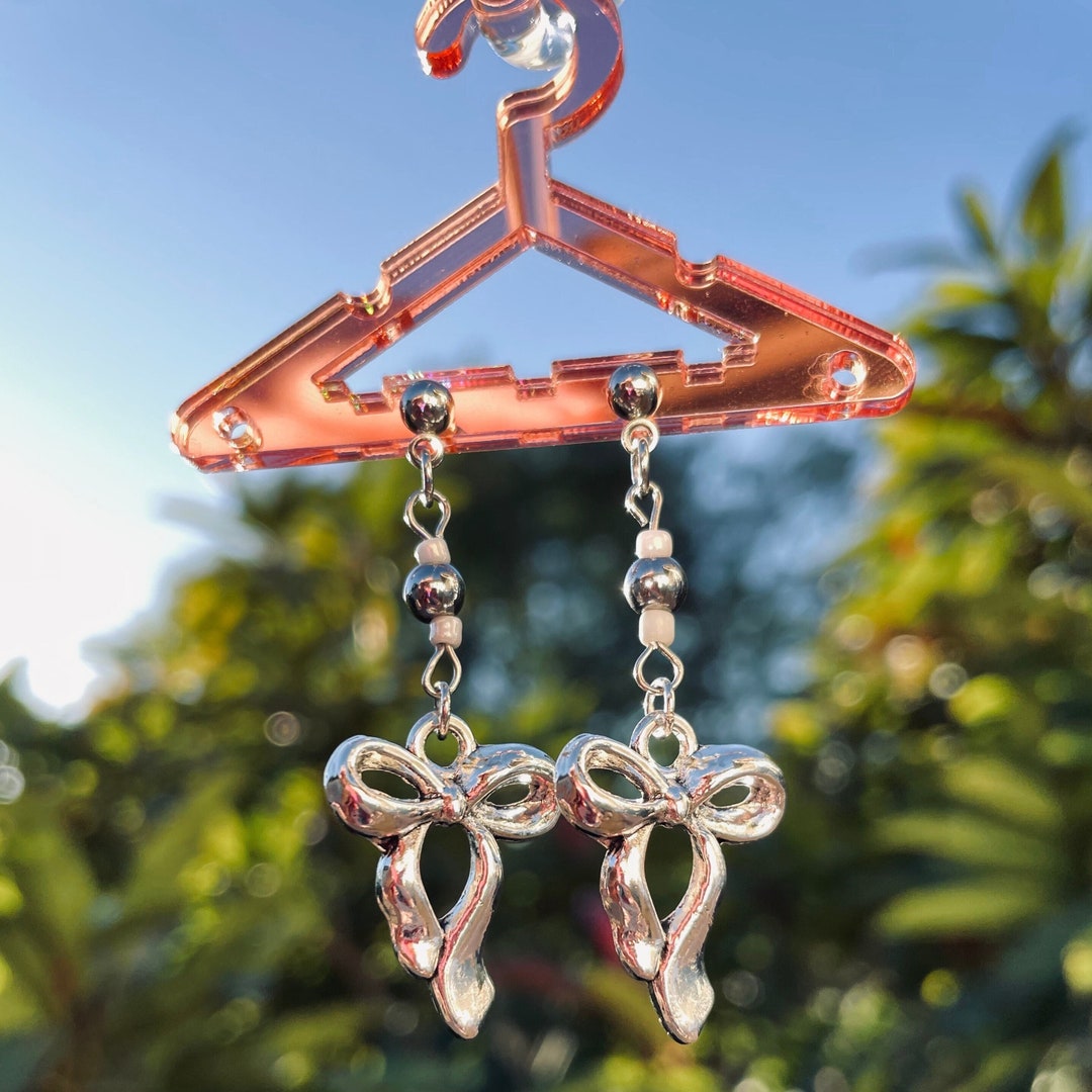 Silver Bow Drop Earrings Adorable Y2k Stud Earrings - Etsy