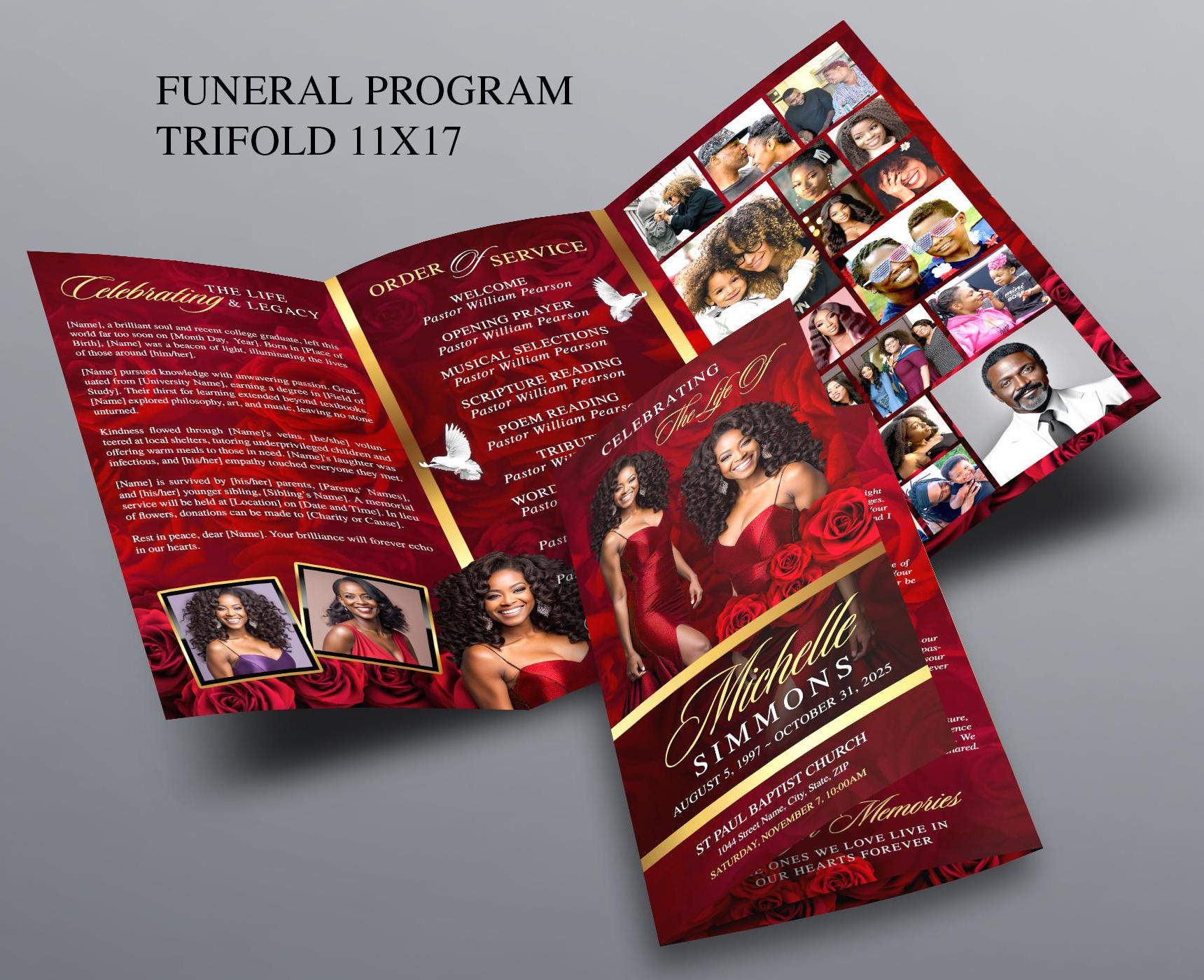 Trifold Gold & Red Roses Funeral Program | Celebration of Life Obituary ...