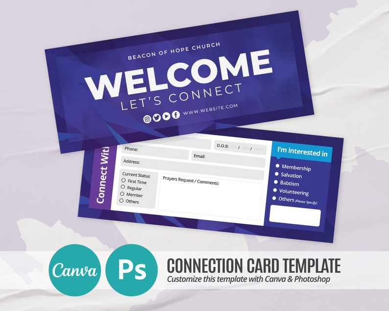 Church Connection Card Template Editable in Canva & Photoshop, Church ...