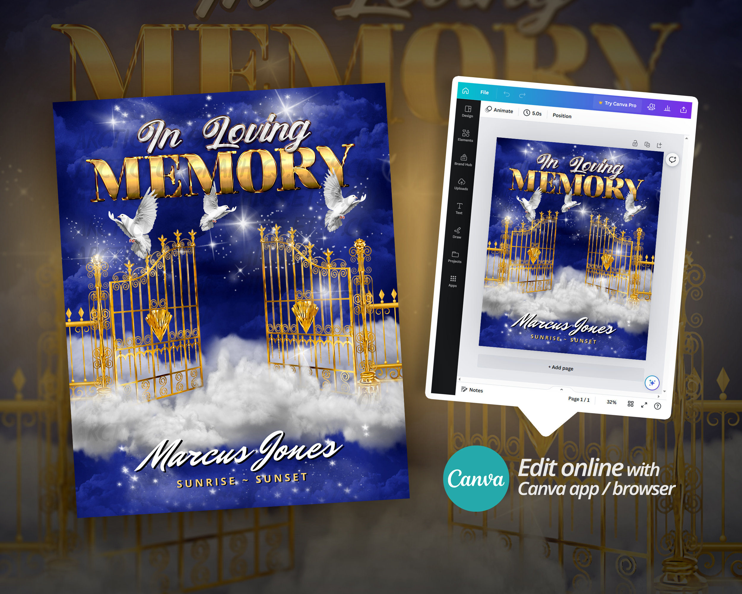 In Loving Memory PNG, Royal Blue Gold Heaven's Gate Memorial Background ...