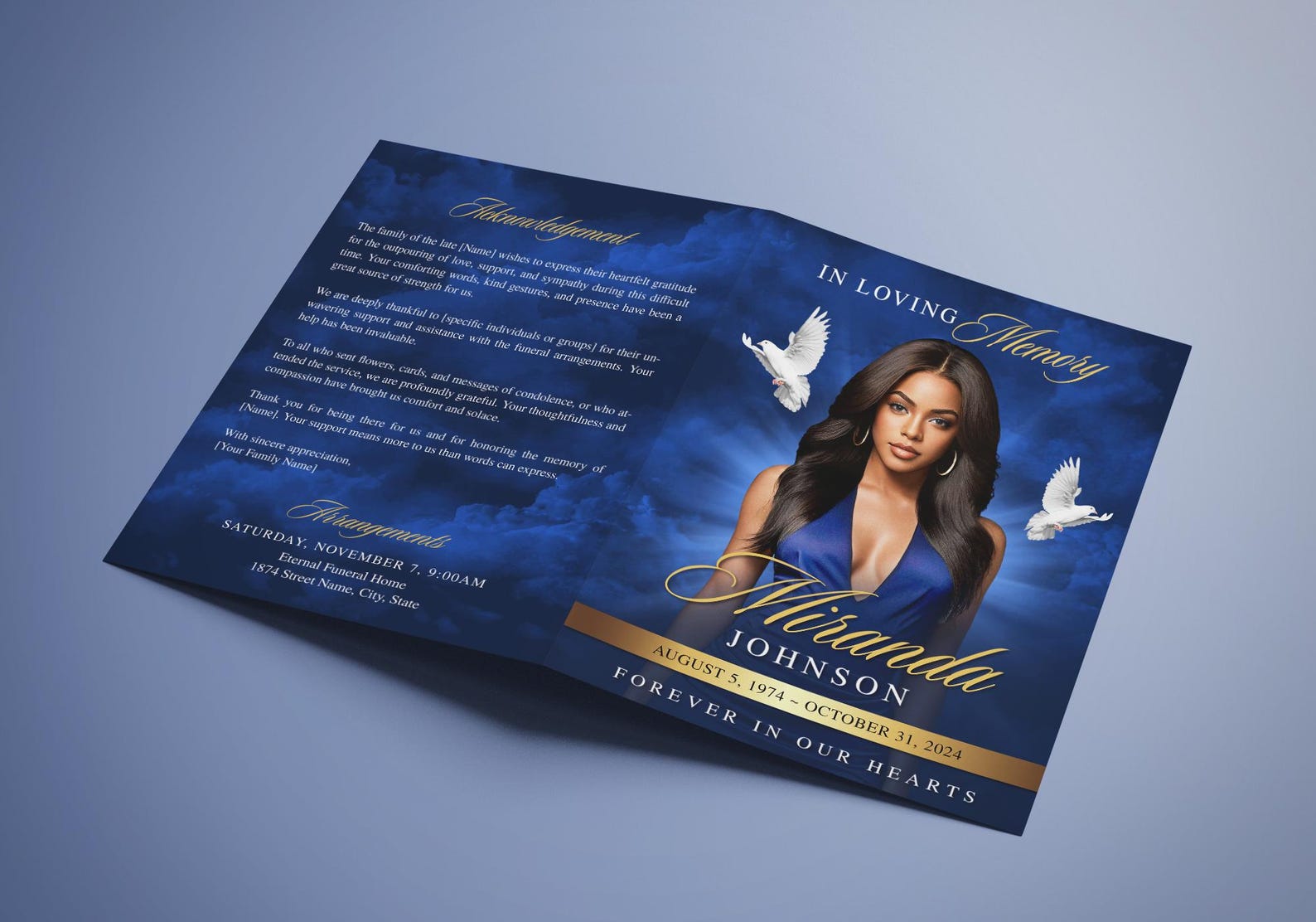 Elegant Blue Funeral Program (8 Pages) in Loving Memory Obituary ...