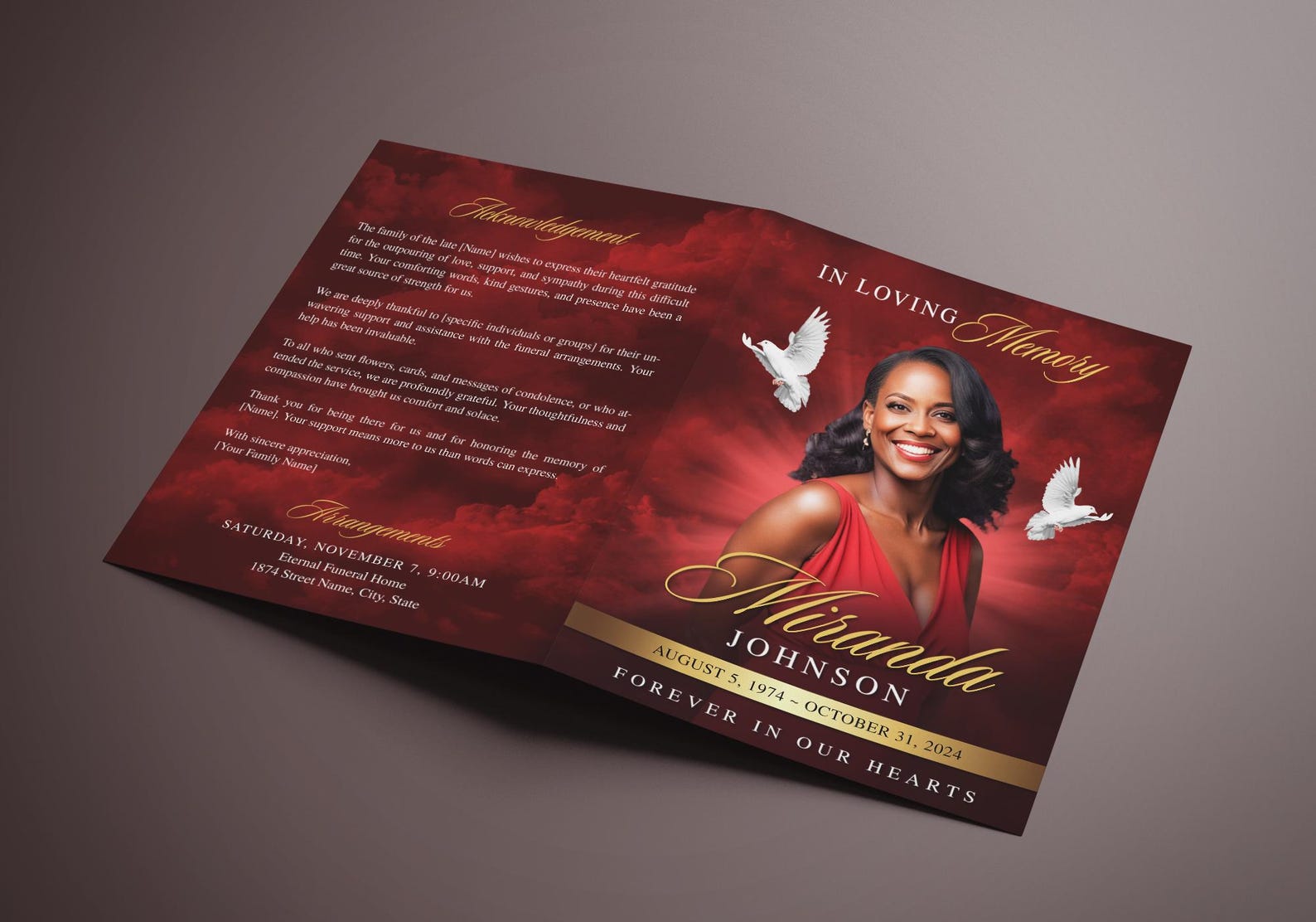 Maroon Red Funeral Program (8 Pages) in Loving Memory Obituary Program ...