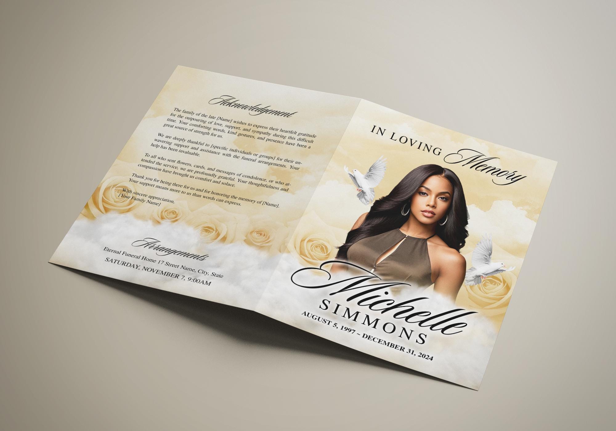 Beige Roses Funeral Program (8 Pages) Celebration of Life Obituary ...