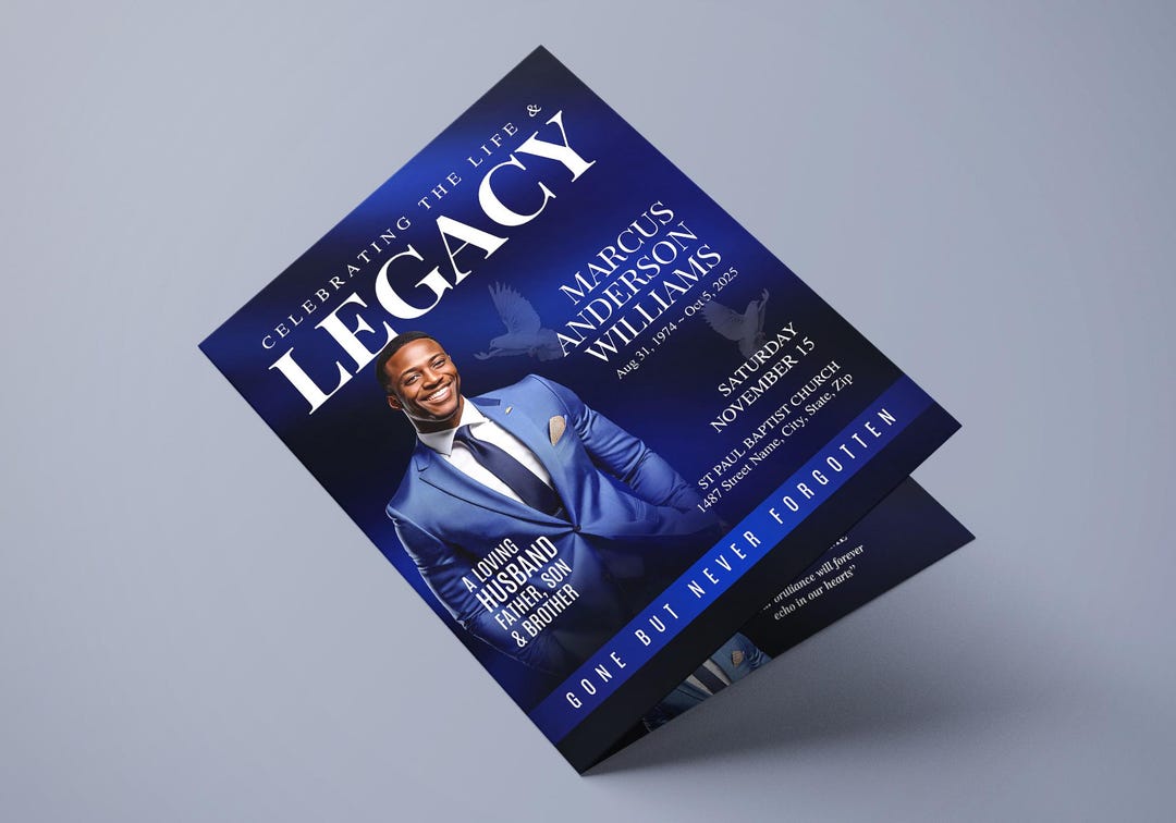 Blue Funeral Program (8 Pages) Magazine Style Obituary | Memorial ...