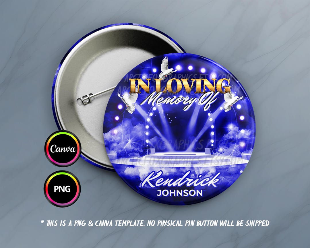 In Loving Memory Pin Button Canva Template, Gold & Blue Cloudy Sky ...