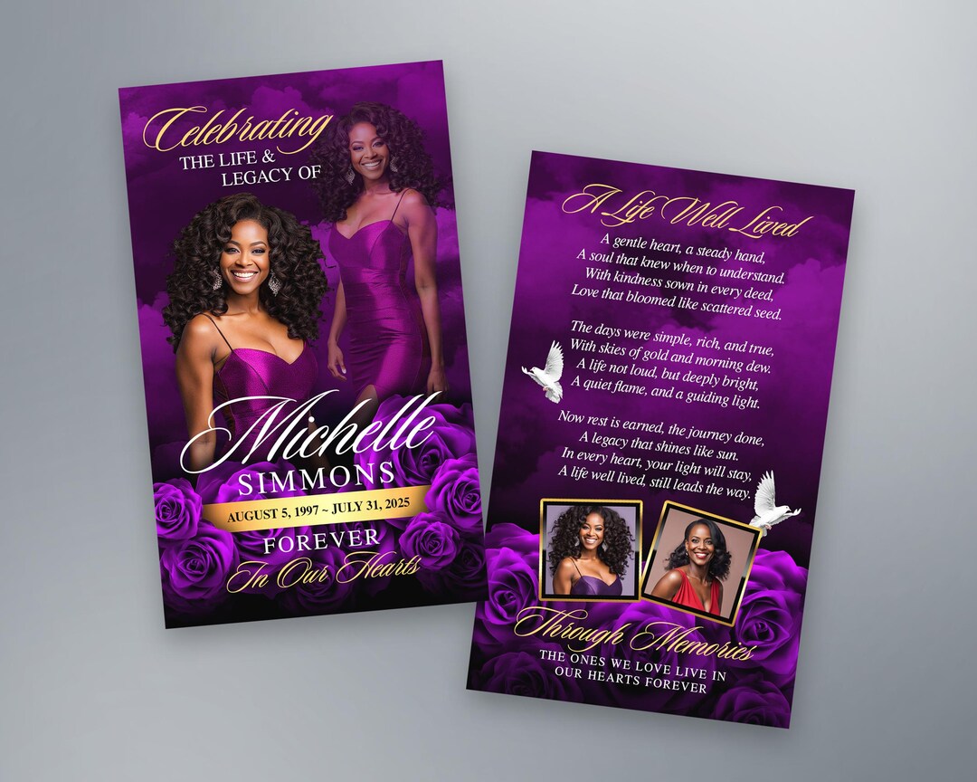 Elegant Gold & Purple Roses Prayer Card | Celebration of Life | in ...