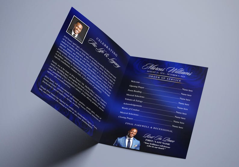 Blue Funeral Program (8 Pages) Magazine Style Obituary | Memorial ...