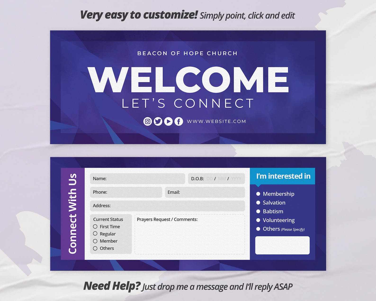 Church Connection Card Template Editable in Canva & Photoshop, Church ...
