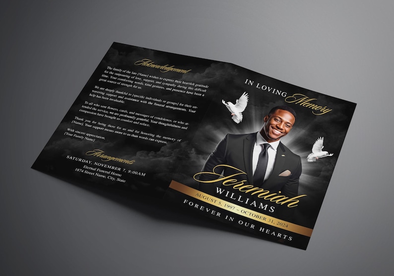 Black & Gold Funeral Program (8 Pages) in Loving Memory Obituary ...