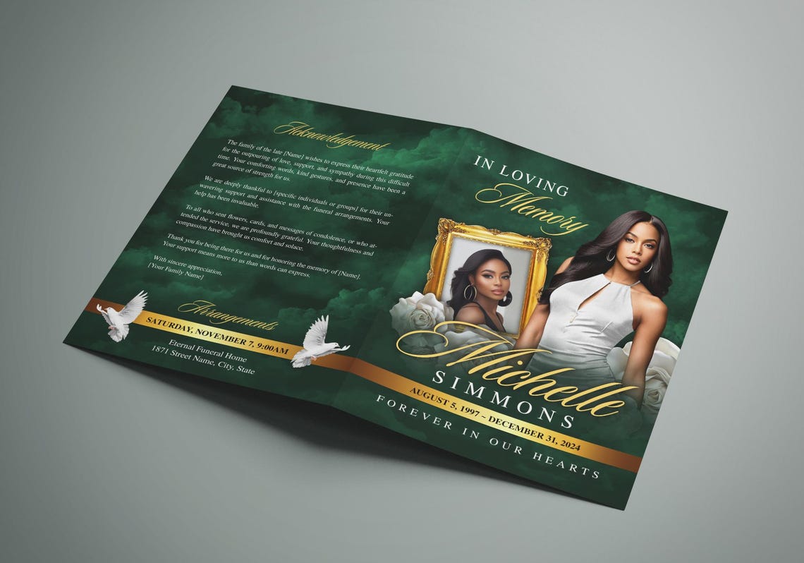 Gold Green Roses Funeral Program (8 Pages) Celebration of Life Obituary ...