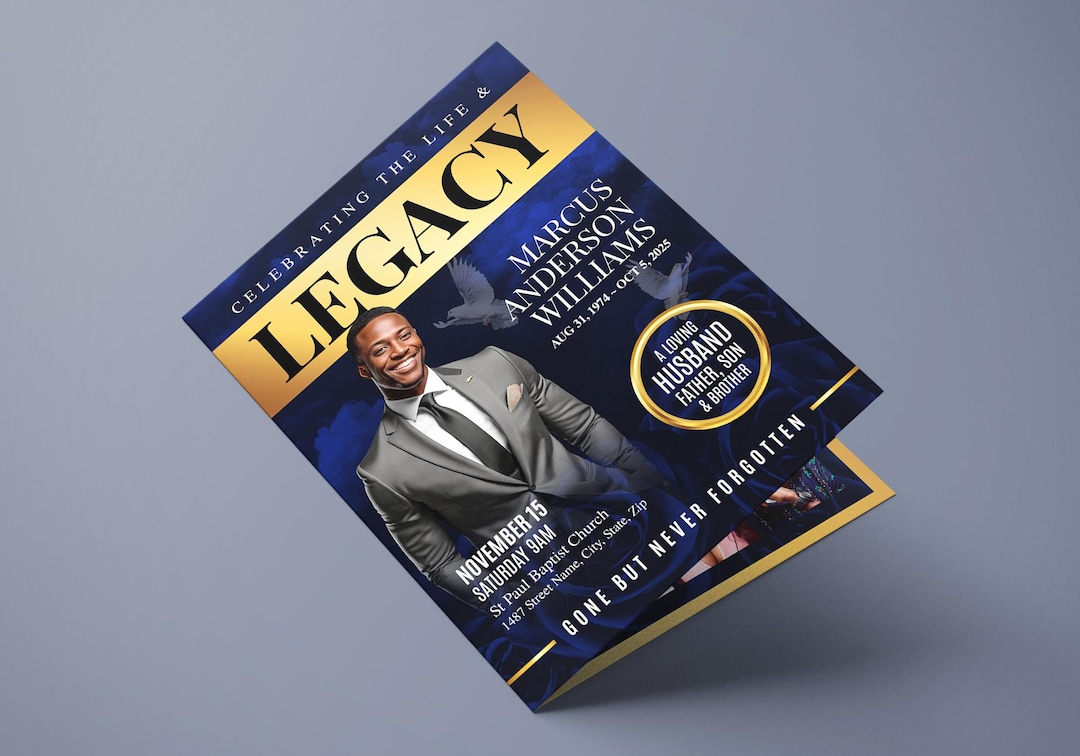 Blue Gold Funeral Program (8 Pages) Magazine Style Obituary | Memorial ...