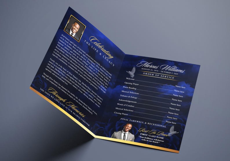 Blue Gold Funeral Program (8 Pages) Magazine Style Obituary | Memorial ...