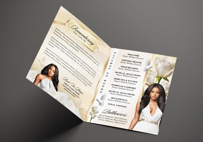 Champagne Gold Funeral Program (8 Pages) Beige Celebration of Life ...