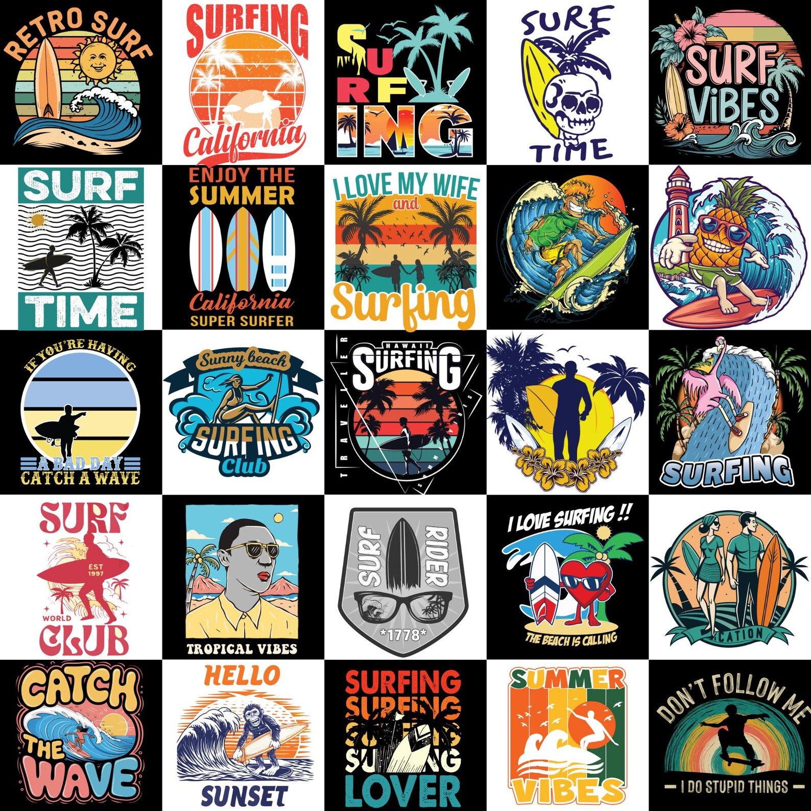 Surfing T-shirt Designs: Retro Surf Graphic Bundle (PNG) - Etsy