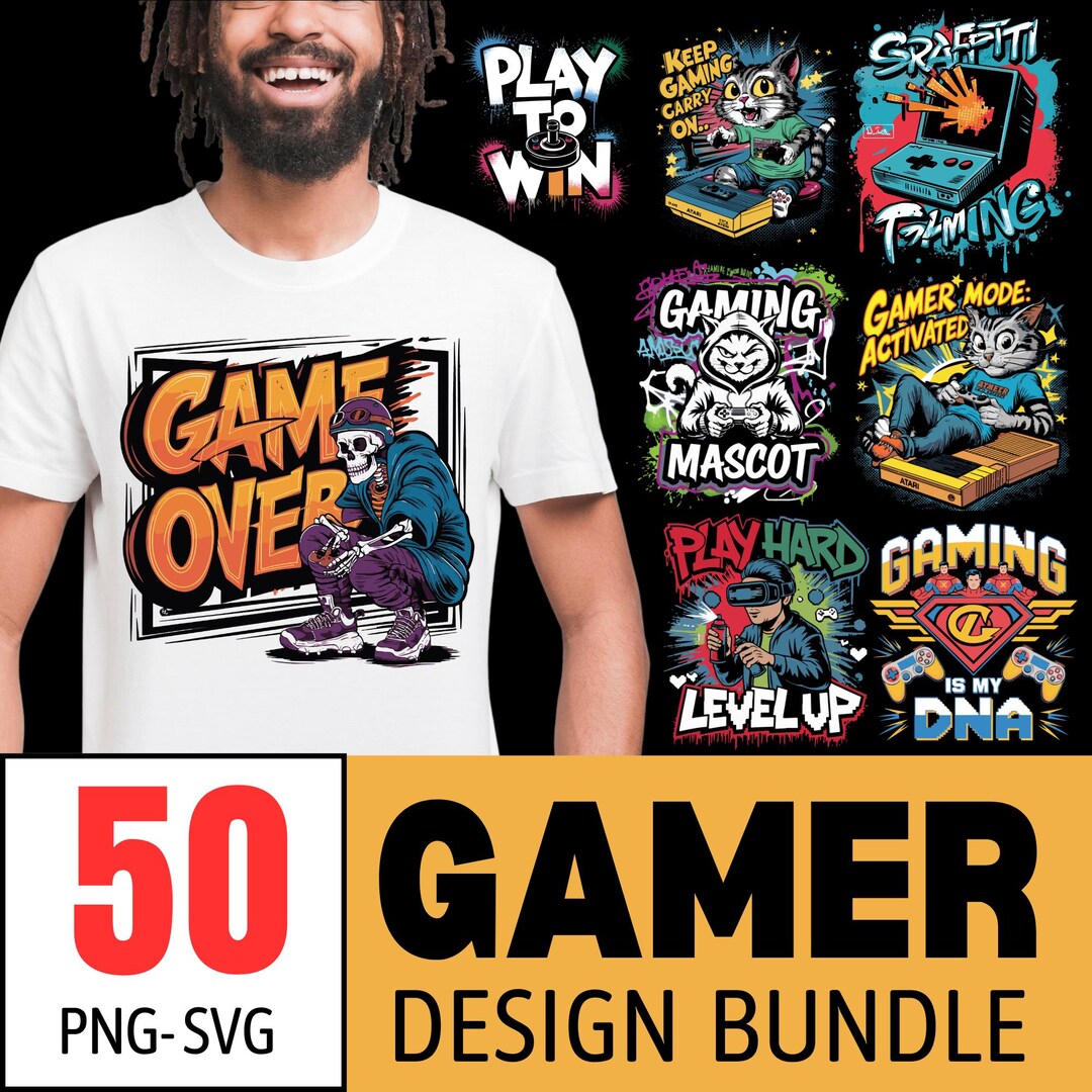 Gamer Design Bundle: 50 PNG & SVG Files for T-shirts - Etsy