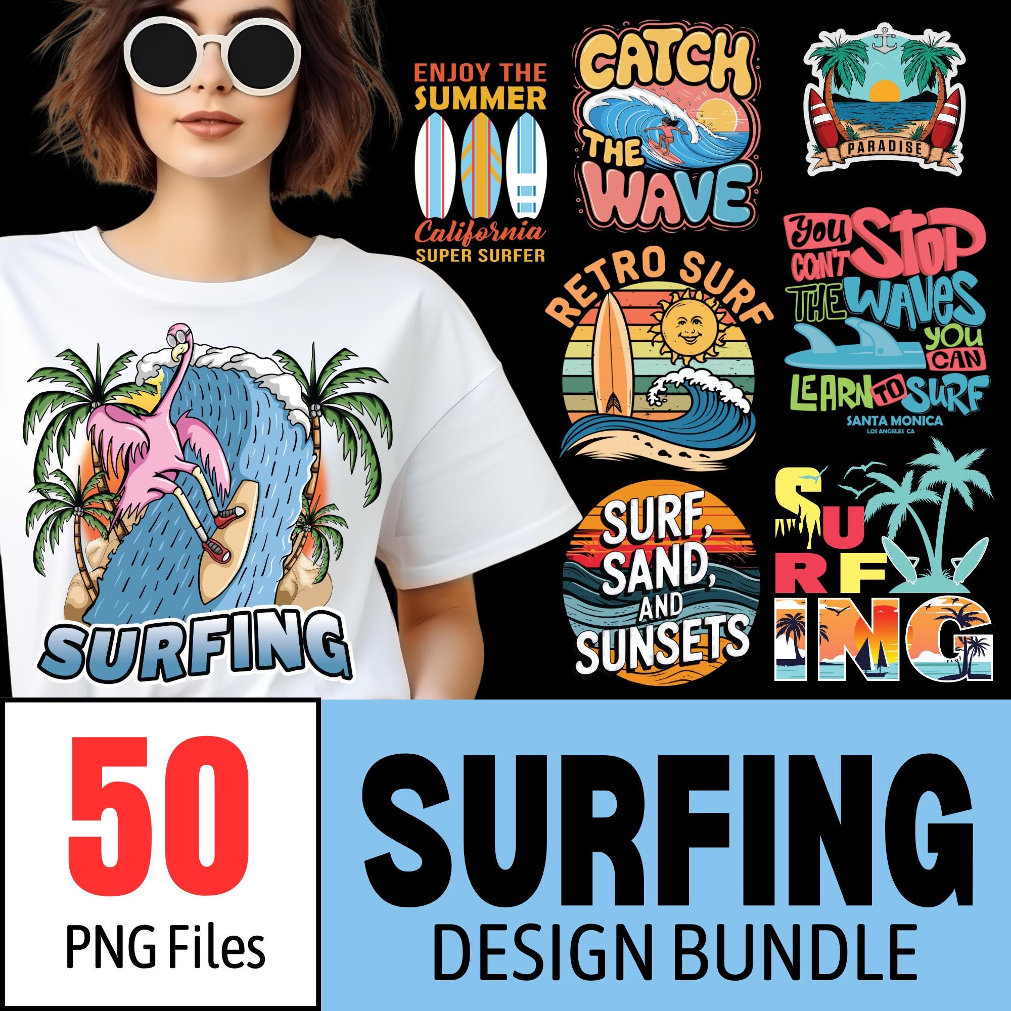 Surfing T-shirt Designs: Retro Surf Graphic Bundle (PNG) - Etsy