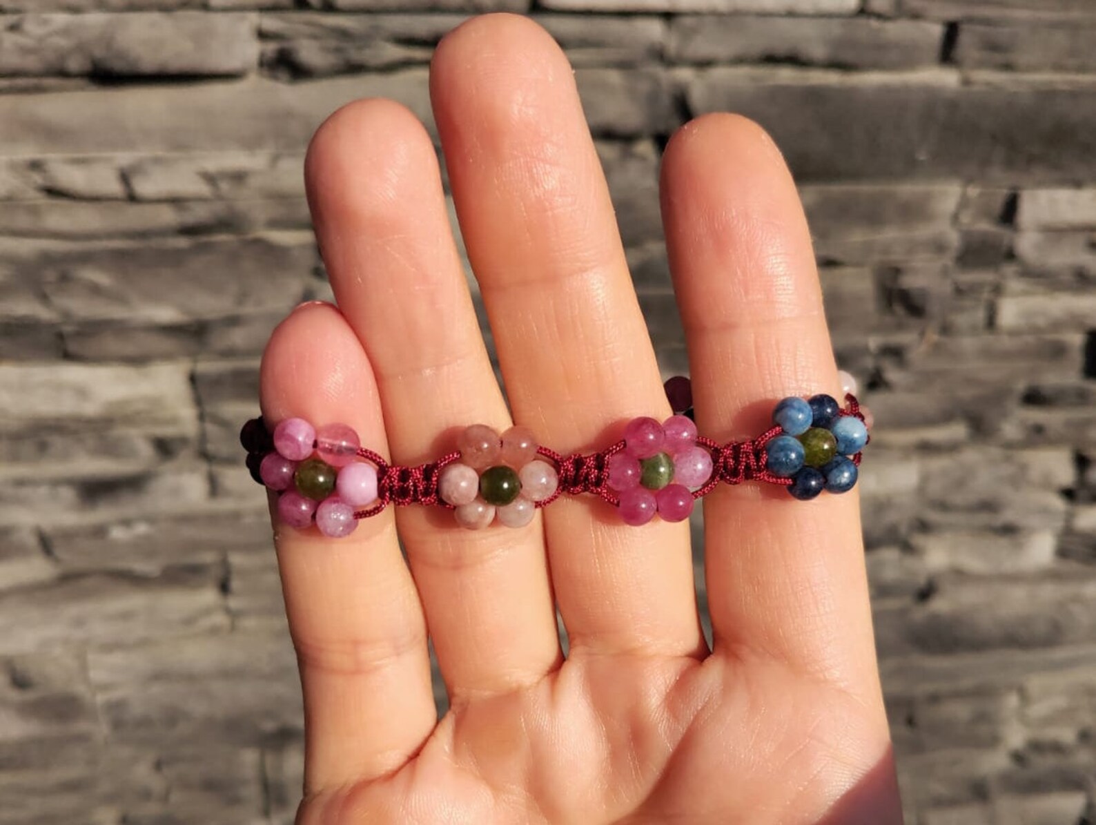 Braided Macrame Bracelet, Daisy, Flowers, Matte White Agate, Tourmaline ...