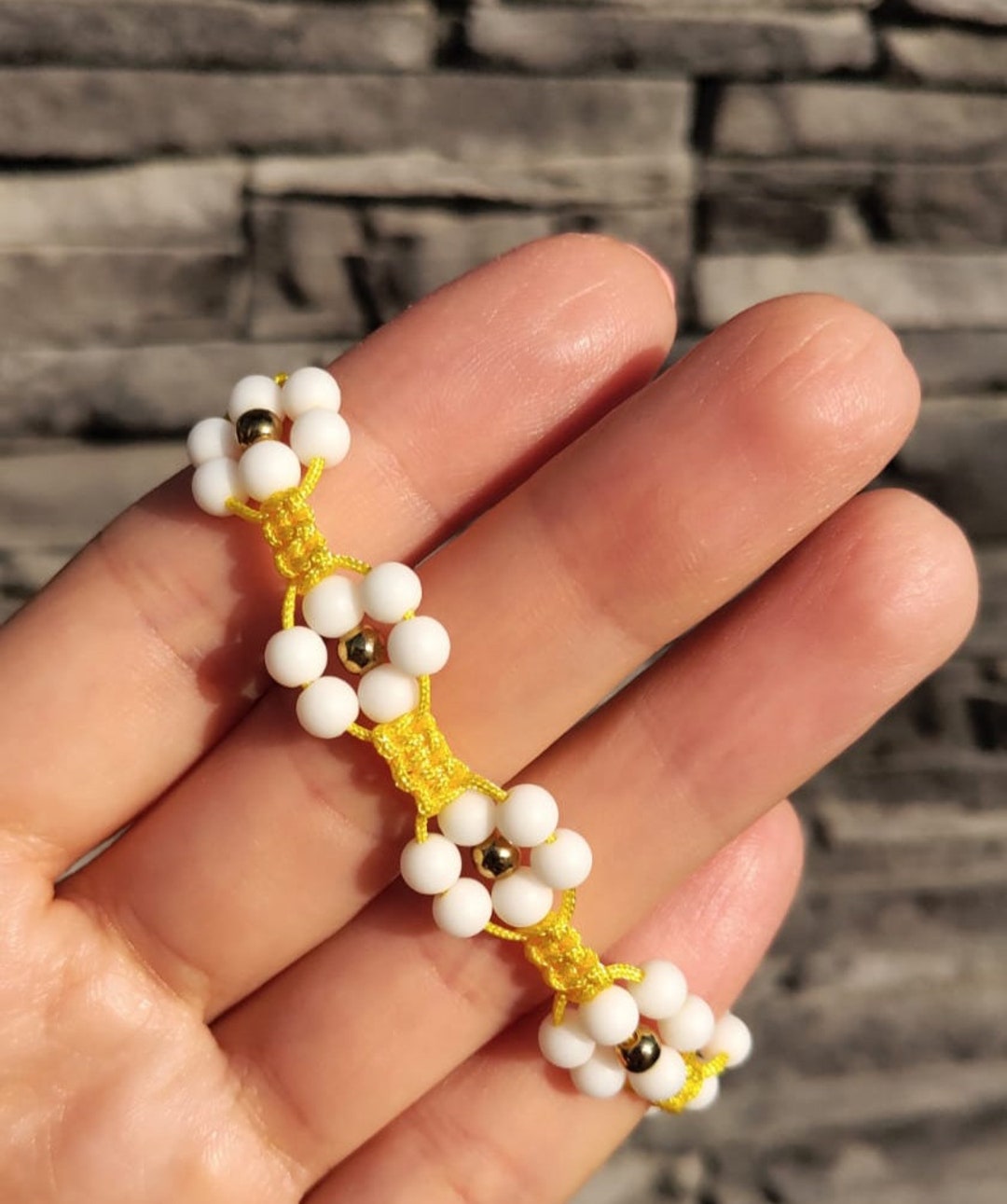 Braided Macrame Bracelet, Daisy, Flowers, Matte White Agate, Tourmaline ...