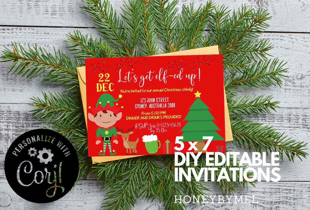 Let's Get Elf-ed up Christmas Party Invitation Template - DIY Edit With ...