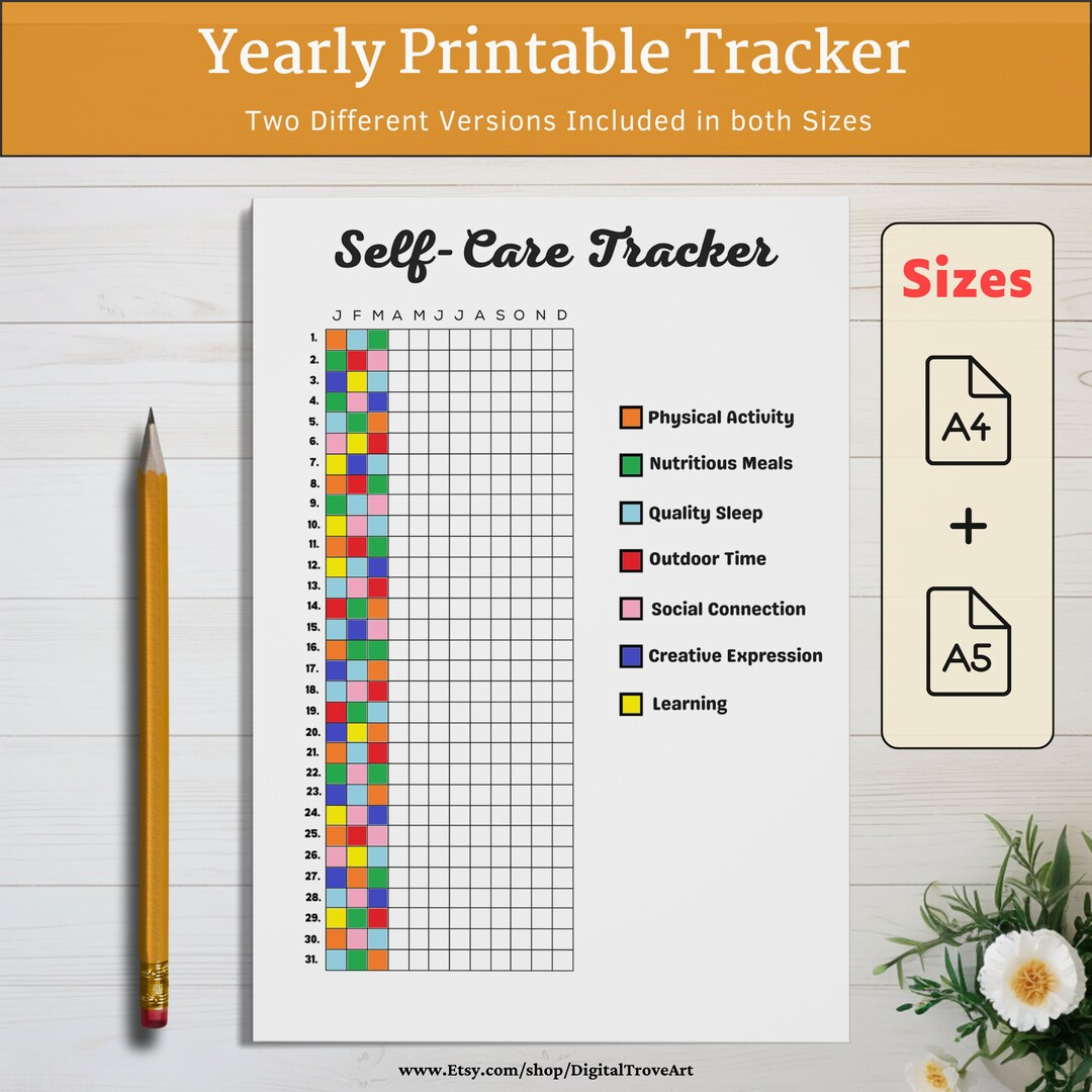 Printable Self Care Tracker, A4 Journal Page, A5 Journal Page, Yearly ...