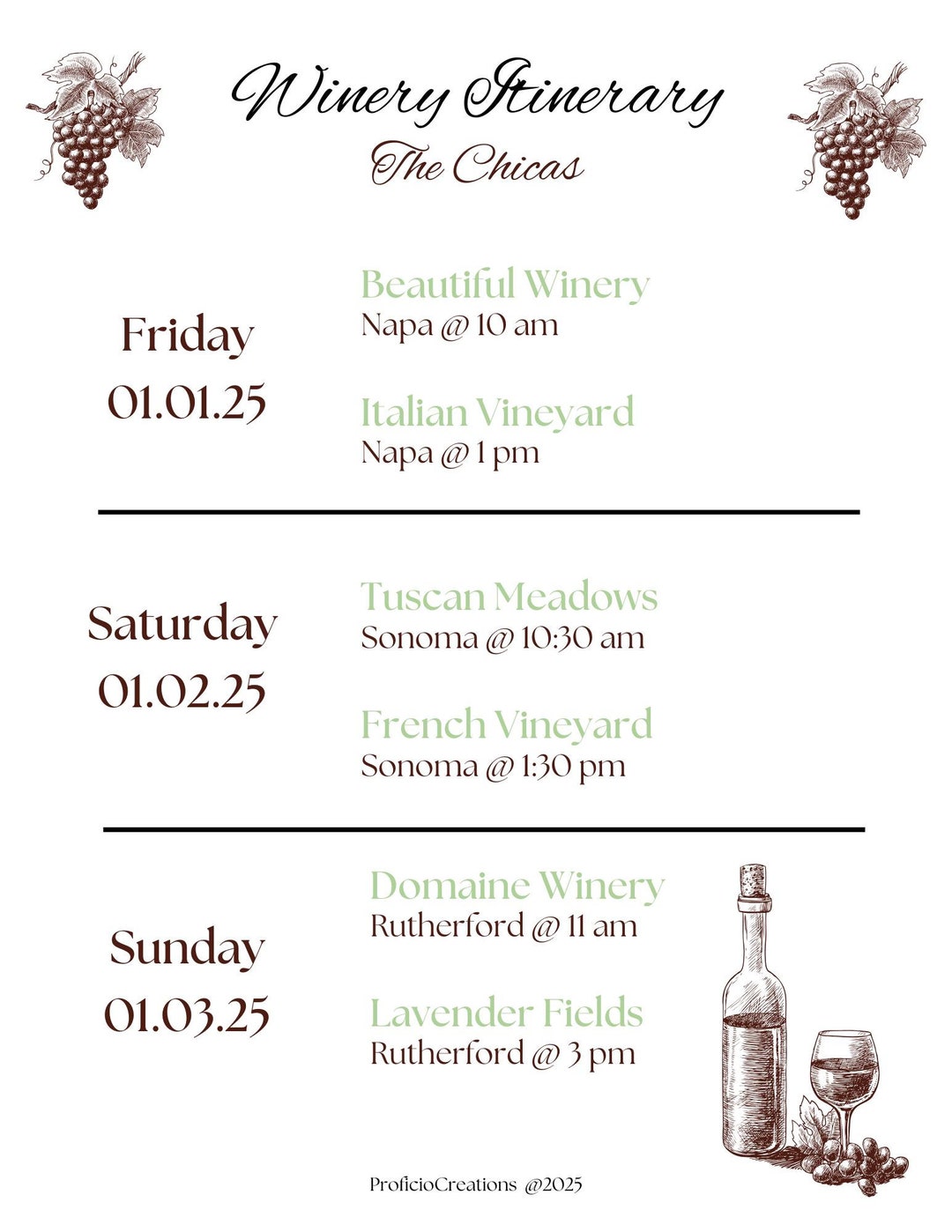 Printable Editable Canva Template Winery Wine Tasting Itinerary - Etsy