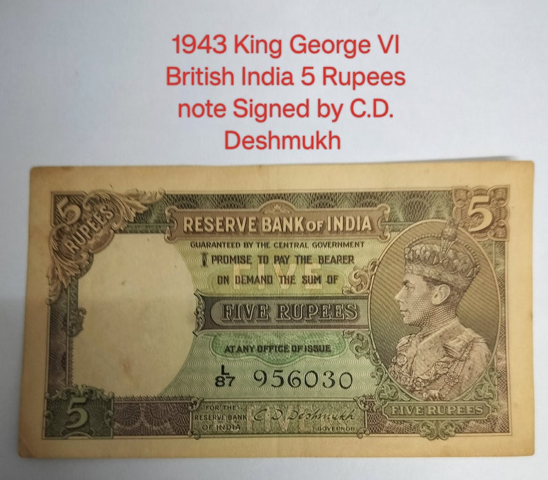 1943 King George VI 5 Rupees Note - Etsy