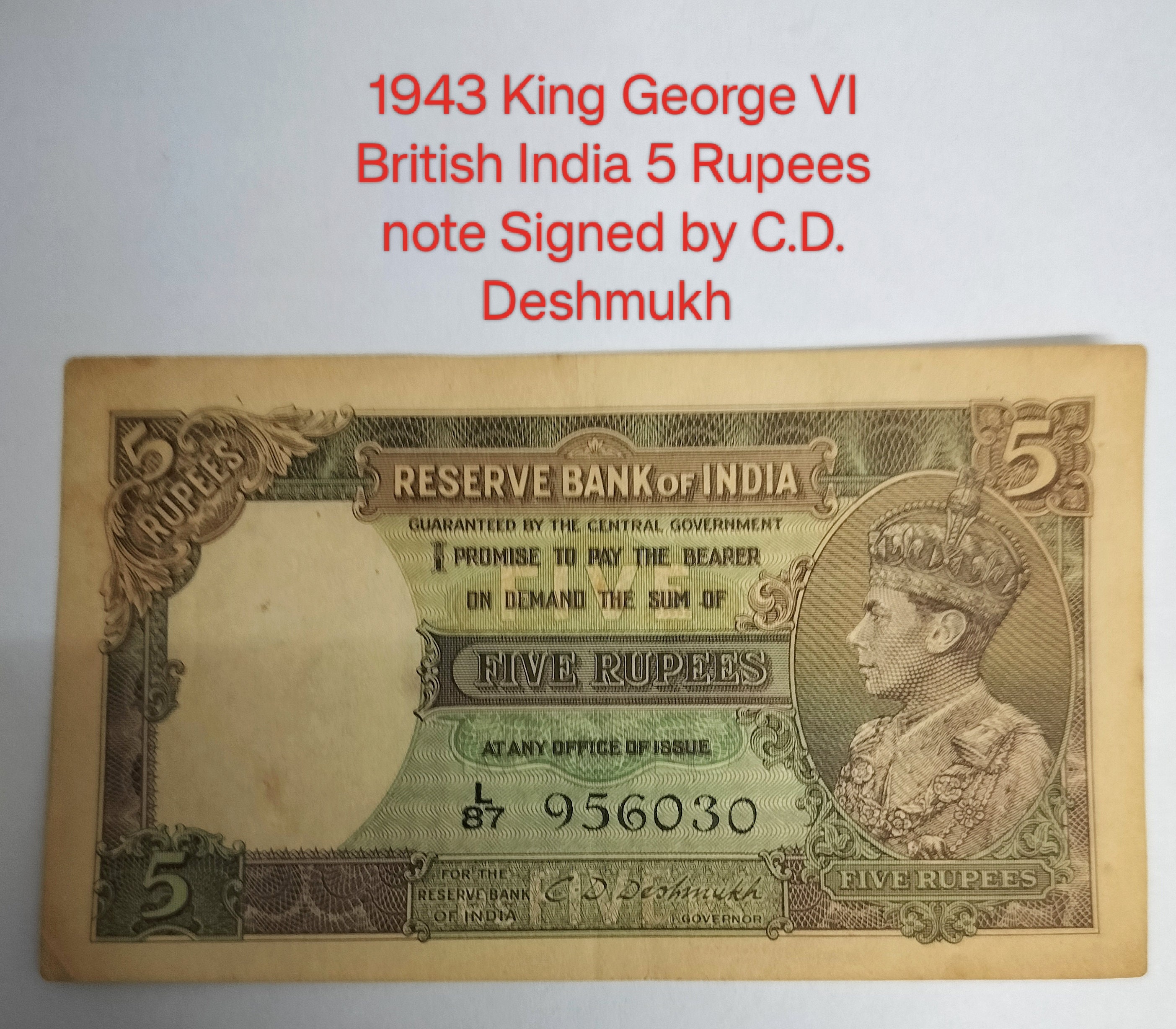 1943 King George VI 5 Rupees Note - Etsy