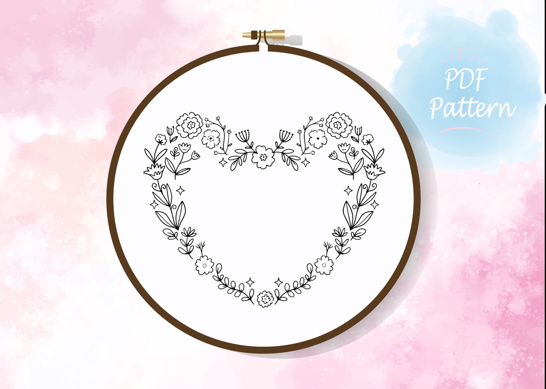Heart Wreath Embroidery Pattern ~floral Wreath Embroidery ~ Modern Hand ...