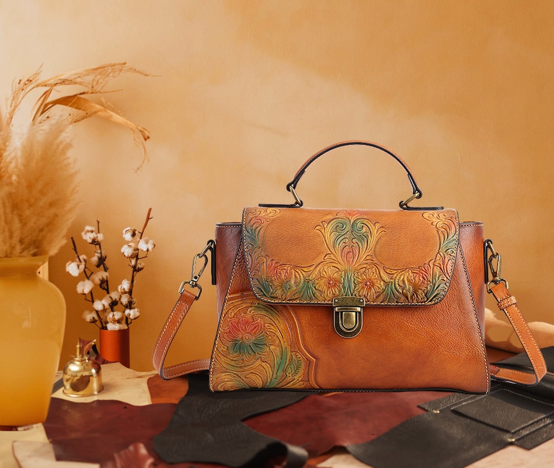 Colorful Flower Motif Embossed Handbag/ Handpainted Colour Leather Bag ...