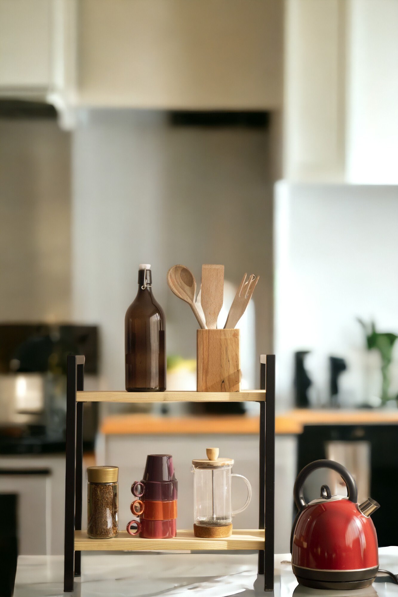 2 Shelves Solid Wood Metal Counter Top Kitchen Shelf, Kitchen Organizer ...