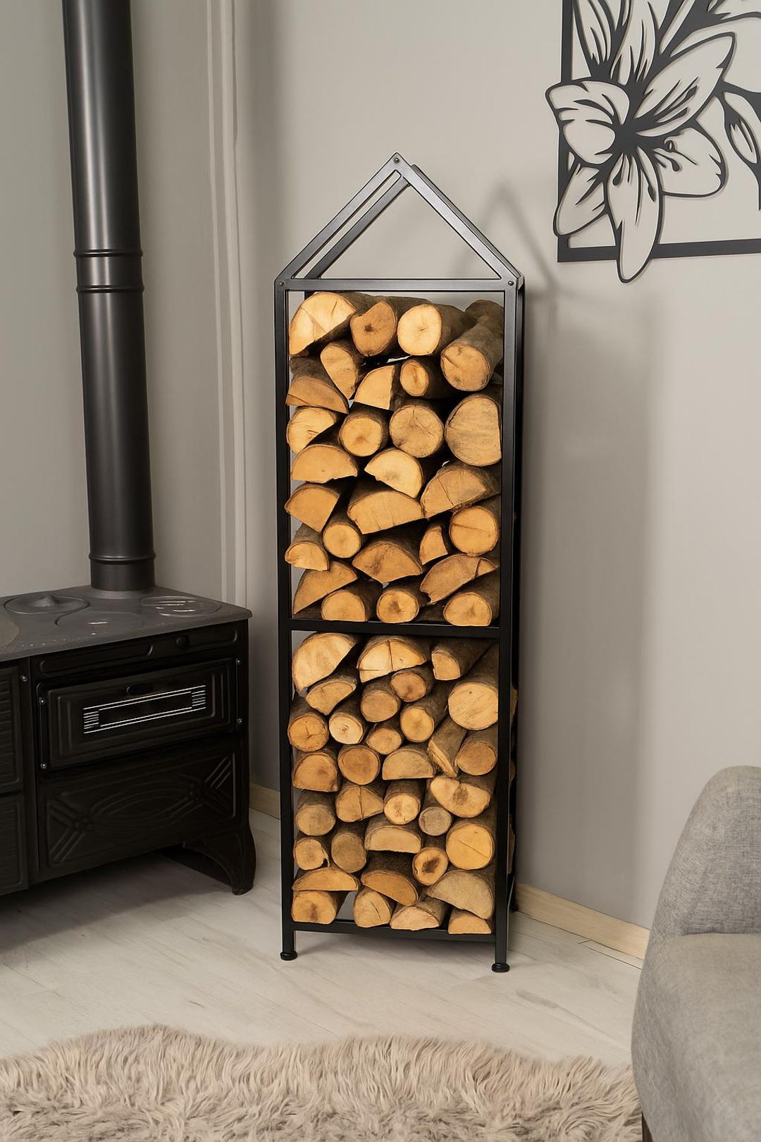 Modern Firewood Rack for Indoors, Metal Log Holder, Minimal Fireplace ...