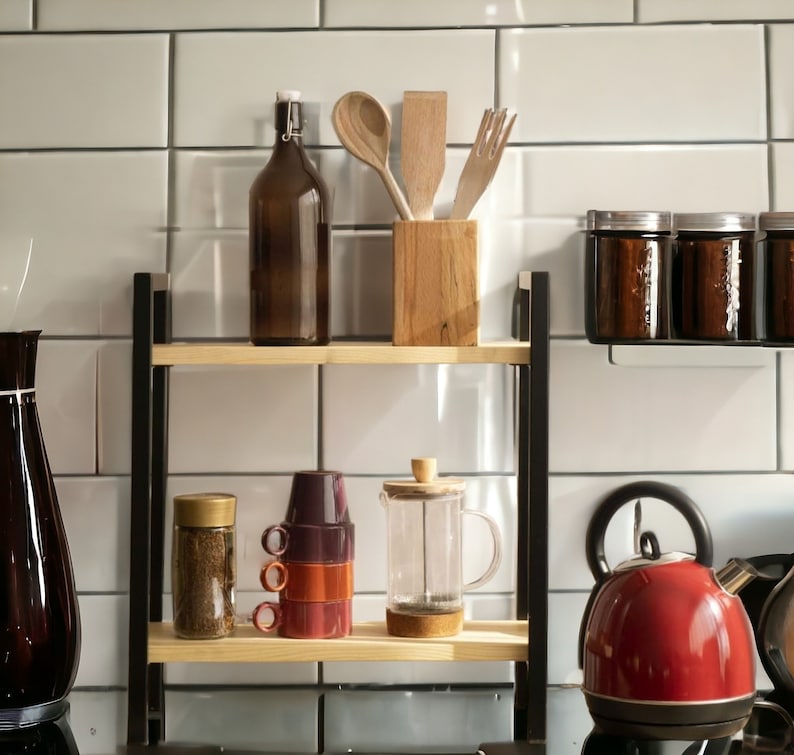 2 Shelves Solid Wood Metal Counter Top Kitchen Shelf, Kitchen Organizer ...