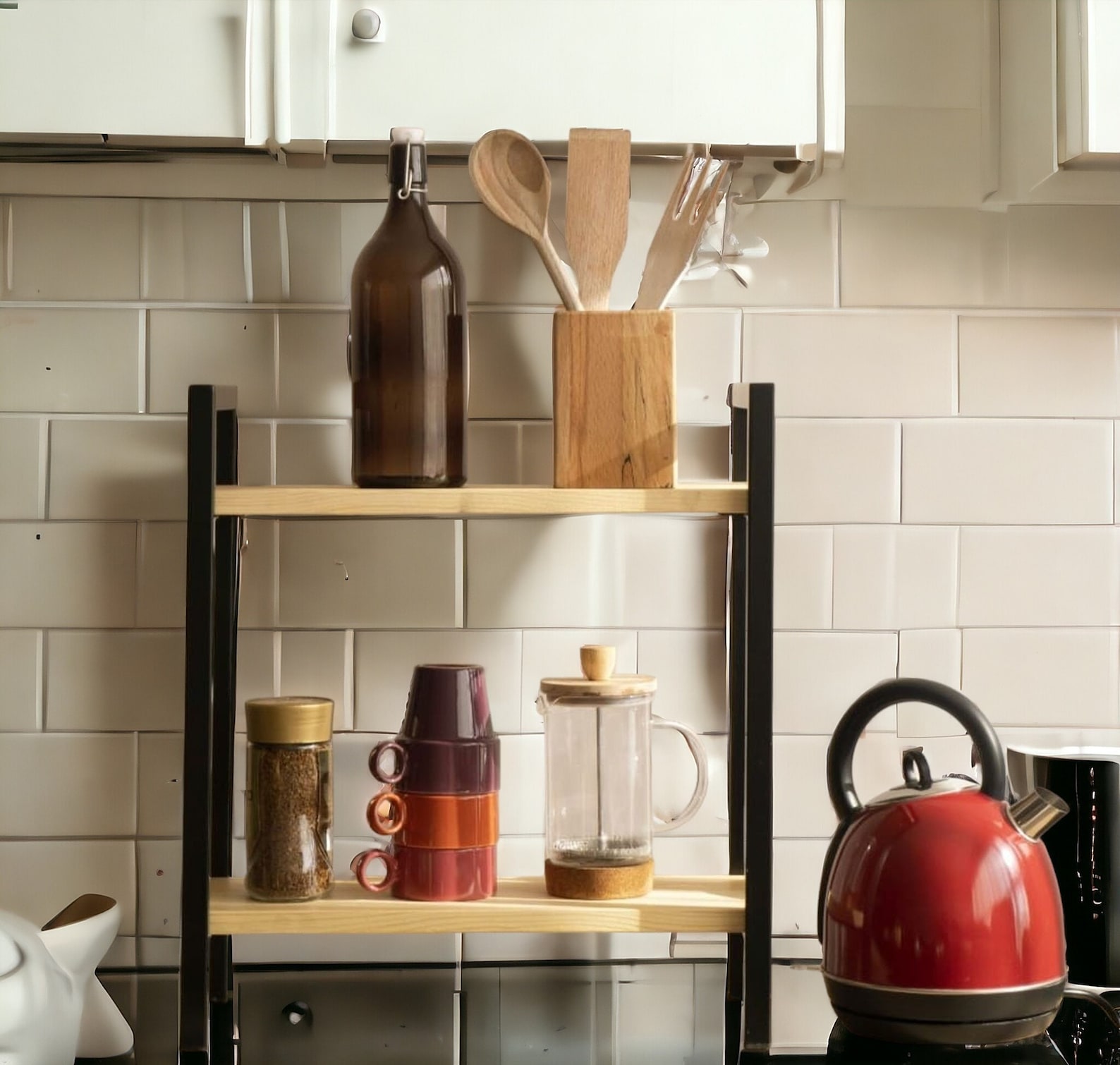 2 Shelves Solid Wood Metal Counter Top Kitchen Shelf, Kitchen Organizer ...