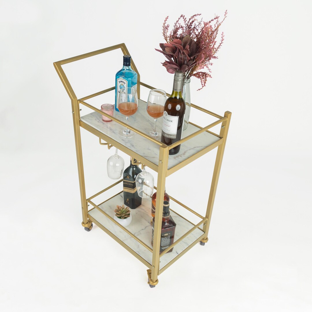 2 Tier Bar Serving Cart, Drink Cart, Modern Bar Cart, Rolling Mini Bar ...