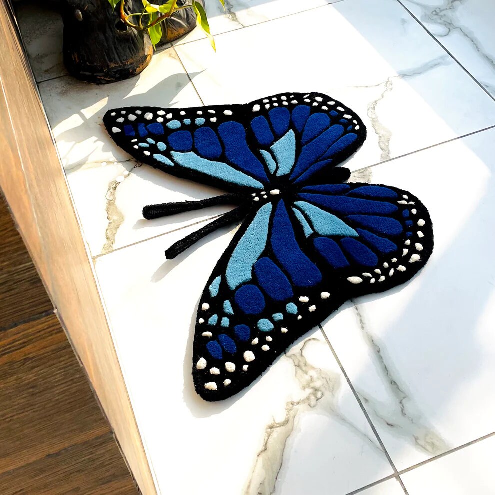 Flutter Into Serenity Blue Butterfly Hand-tufted Rug Home Decor Rug ...