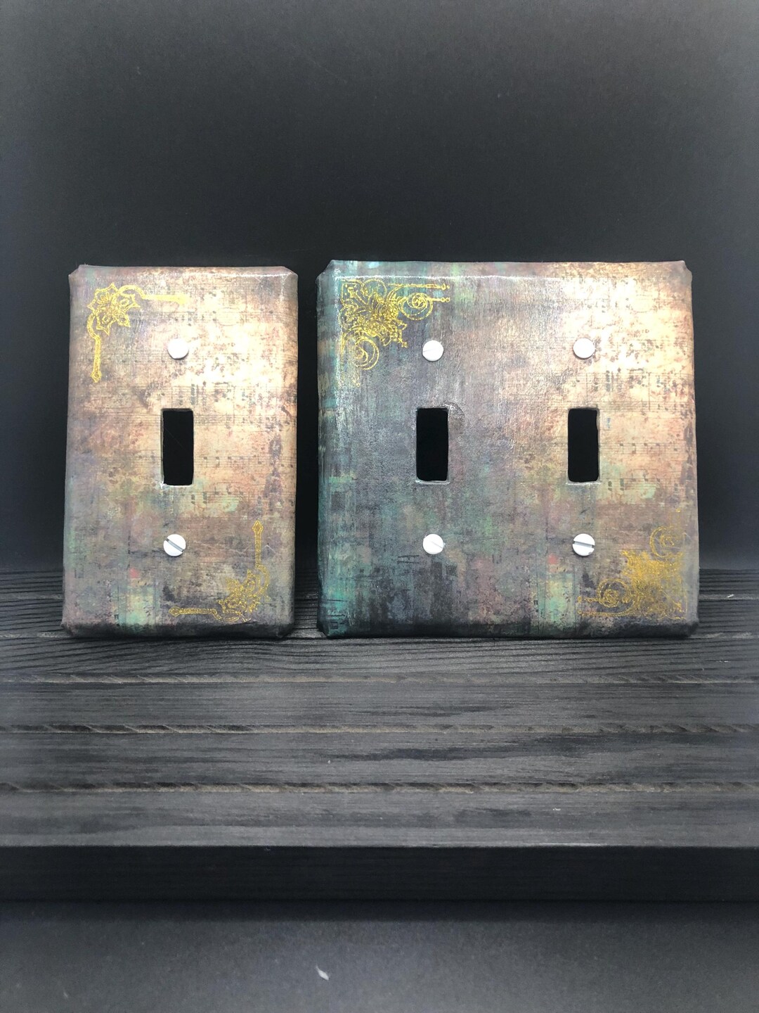 Single & Double Light Switch Plate Covers, Black/beige With Gold Scroll ...