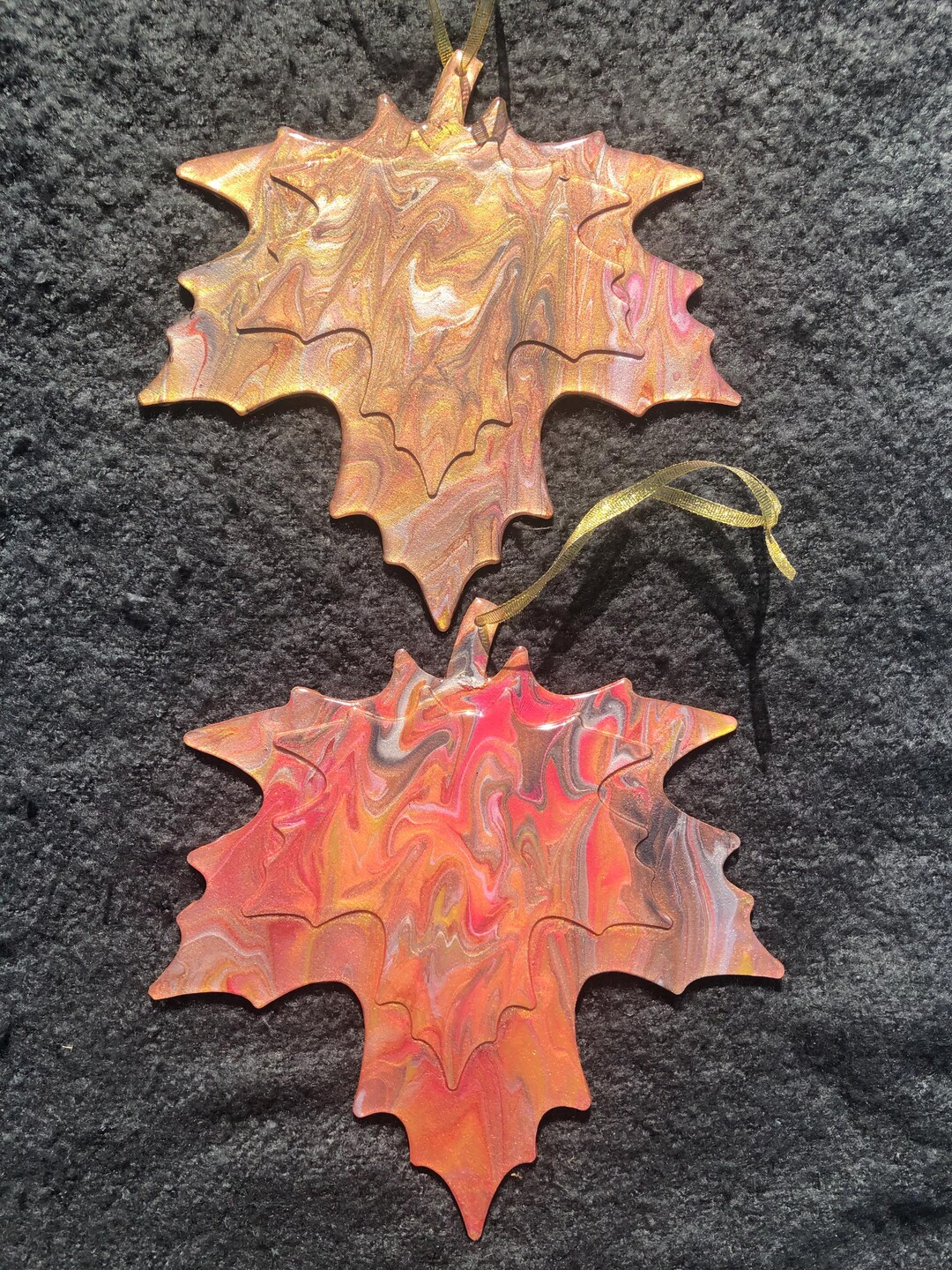 Set of 2 Painted Wooden Maple Leaf Wall Hangings, Fluid Art Painted ...