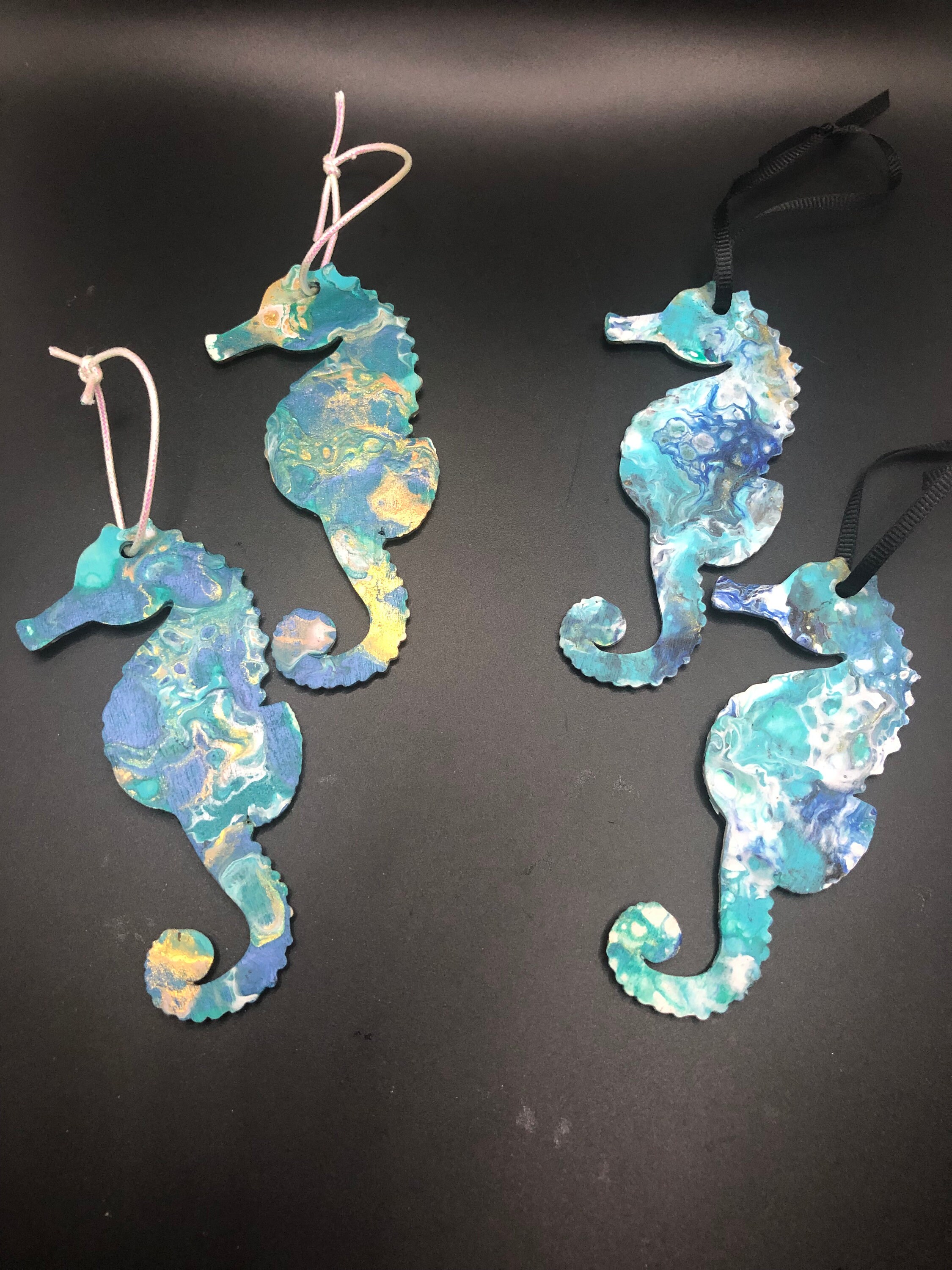 Pairs of Painted Wooden Sea Horse Ornaments, 'marble/tie Dye' Fluid Art ...