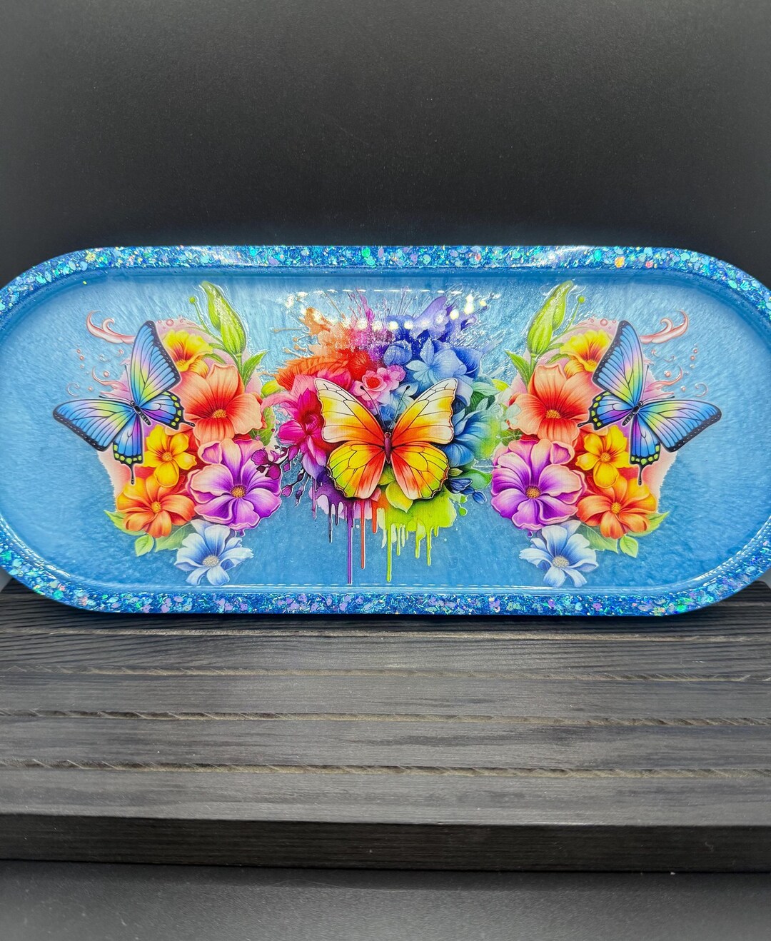 12x5 Blue Tray With Colorful Butterflies & Flowers, Unique Butterfly ...