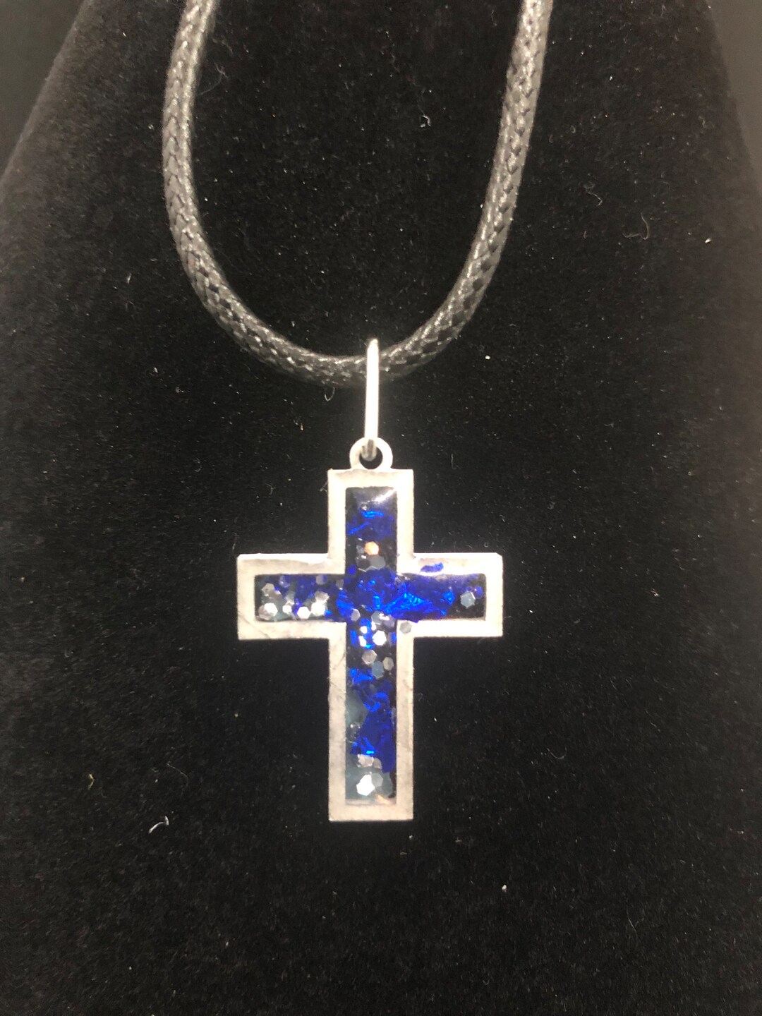 Blue & Silver Cross Pendant Necklace, Silver Glitter and Blue Foil ...
