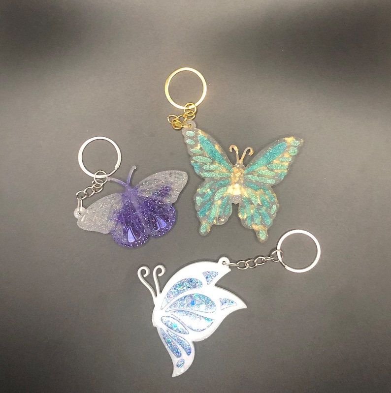 Set of 3 Butterfly Keychains, Purple/clear Butterfly, Green/blue/gold ...
